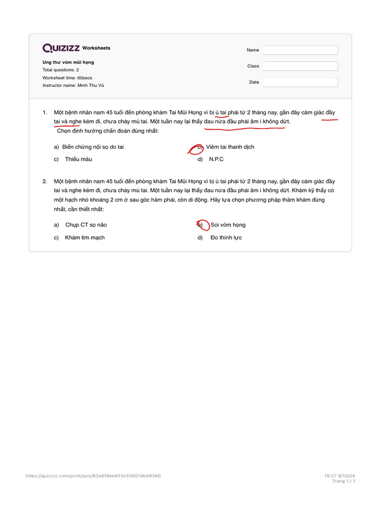 Ung thư vòm mũi họng - Quizizz 2 | PDF