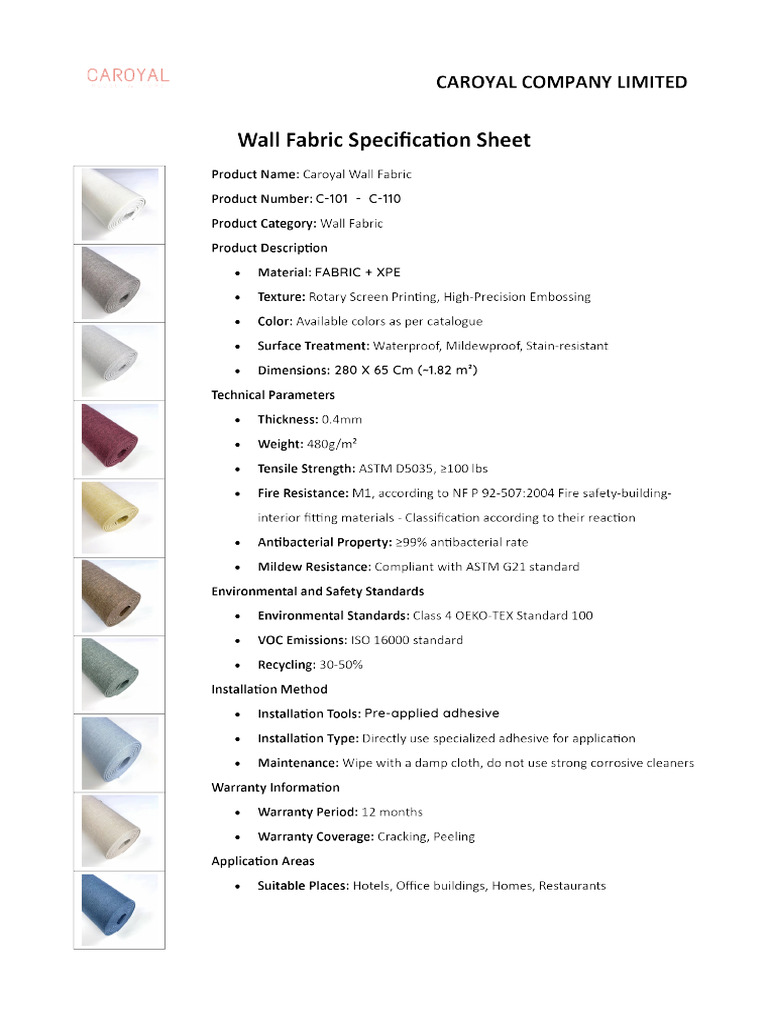 Wall Fabric Specification Sheet C-101 - C-110 | PDF