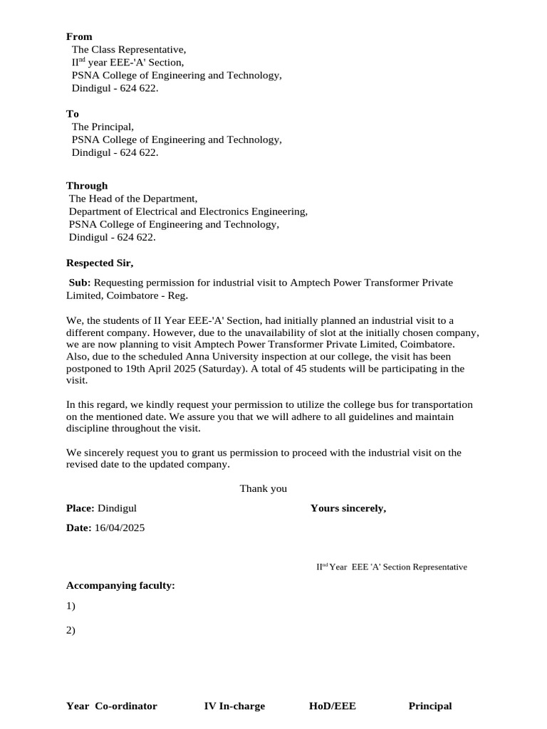 Request for Industrial Visit Permission | PDF