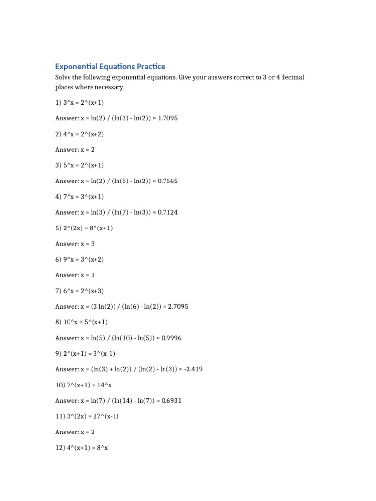 Exponential Equations Practice | PDF