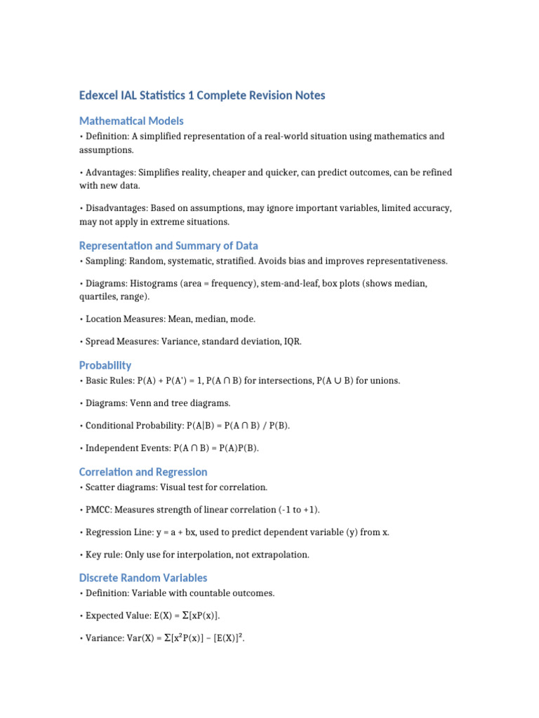 Edexcel IAL Statistics 1 Revision Notes | PDF