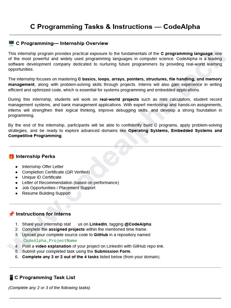 C Programming Tasks & Instructions - CodeAlpha M1 | PDF | Computer ...
