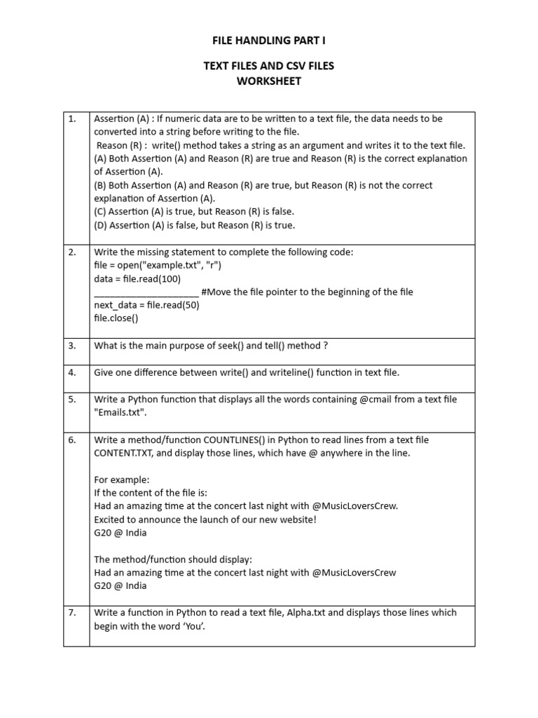 Text Files and CSV Files Worksheet | PDF | Comma Separated Values ...