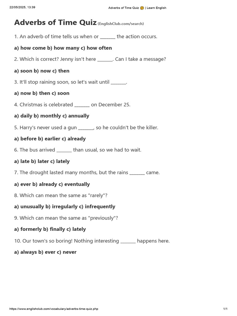 Adverbs of Time Quiz ? - Learn English | PDF