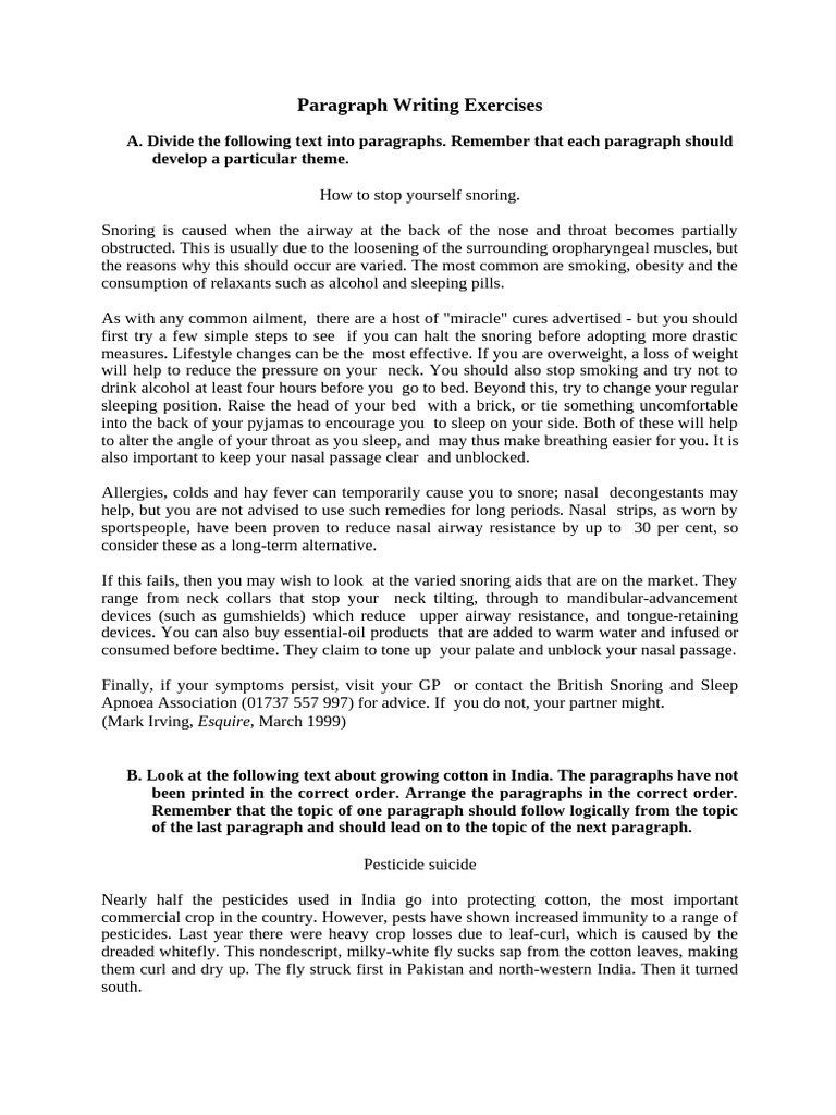 Paragraph Writing Exercises | PDF | Snoring