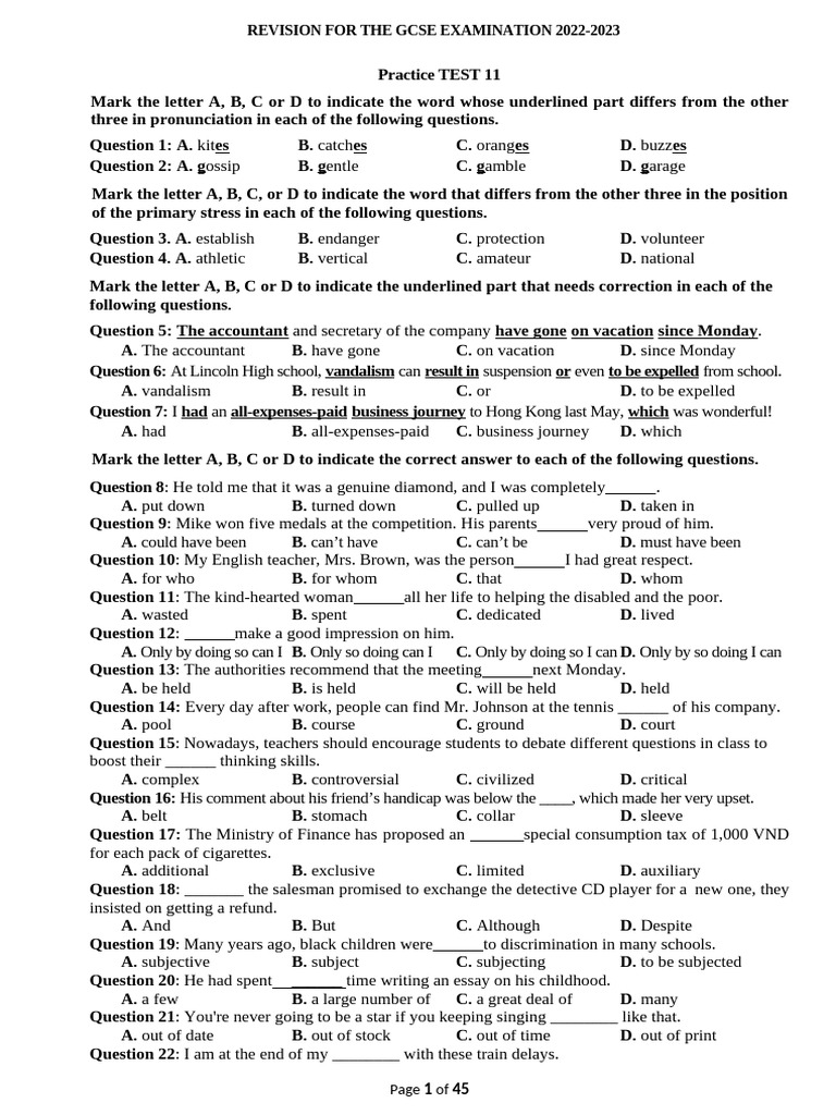 GCSE Exam Revision Practice Test 11 | PDF | Glasses | Virus