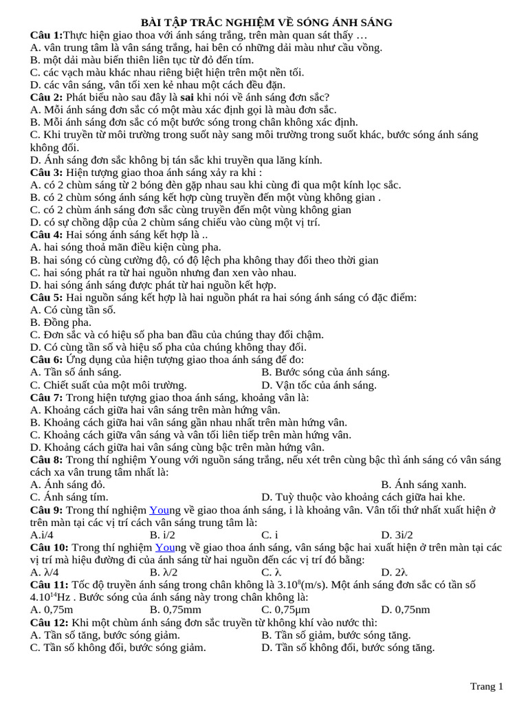 Baitaptn-song Anh Sang | PDF