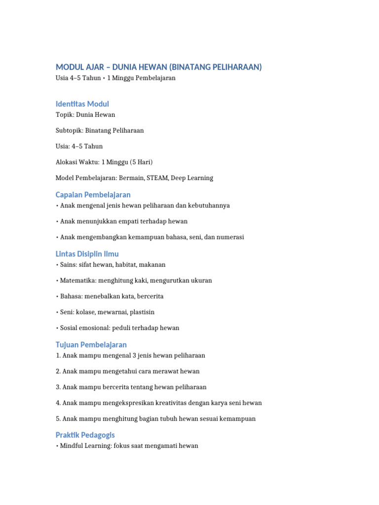 Modul Ajar Binatang Peliharaan Usia Dini | PDF