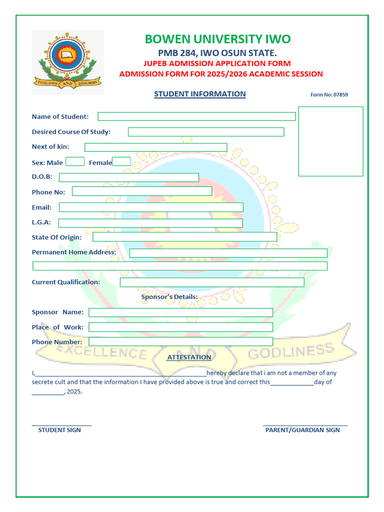 Bowen University Jupeb Form 2025 | PDF