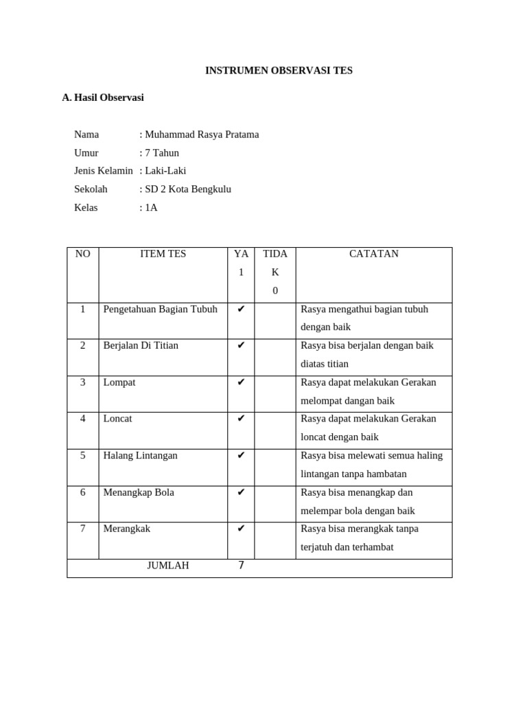 Hasil Observasi Tes Persepsi Gerak Anak | PDF