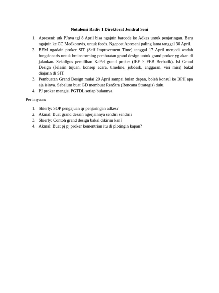 Notulensi Radiv 1 Direktorat Jendral Seni | PDF