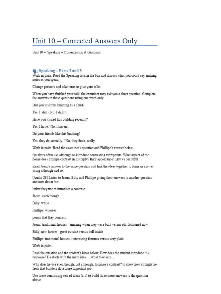 Unit 10: Speaking & Grammar Practice | PDF | Stress (Linguistics ...
