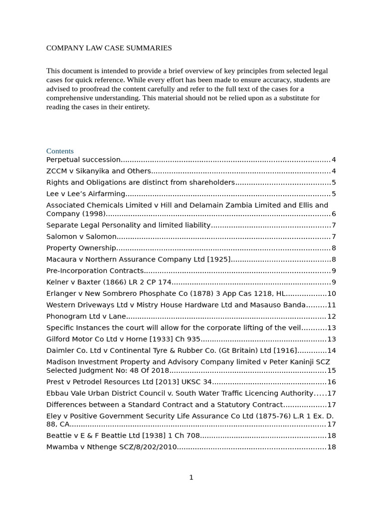 Company Law Case Summaries Guide | PDF | Piercing The Corporate Veil ...