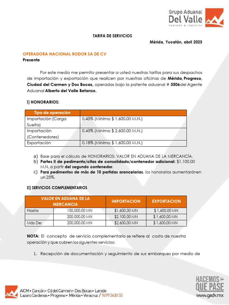 TARIFA DE SERVICIOS GRUPO ADUANAL DEL VALLE MERIDA - PROGRESO 2023 ...