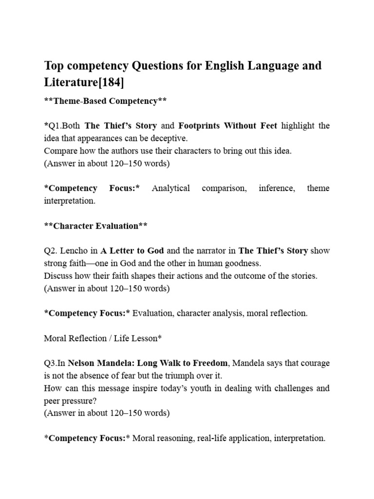 Top Competency Questions For English Language and Literature | PDF ...