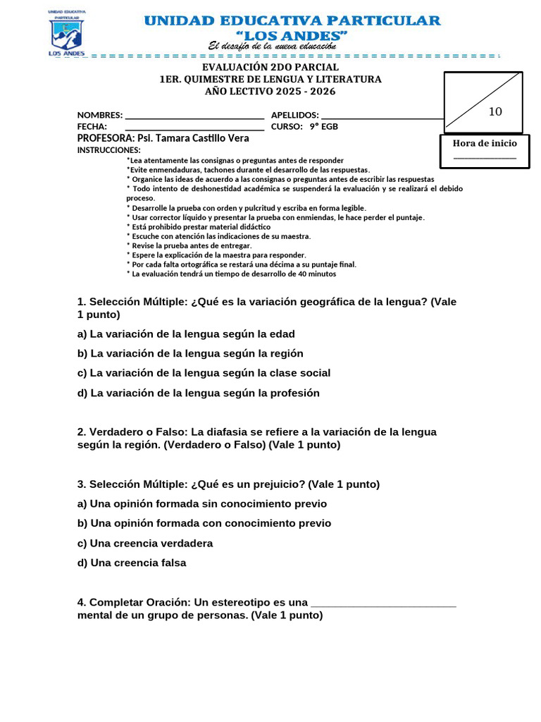 APORTE 2do Parcial 1er Quimestre Lengua 9no Nee | PDF