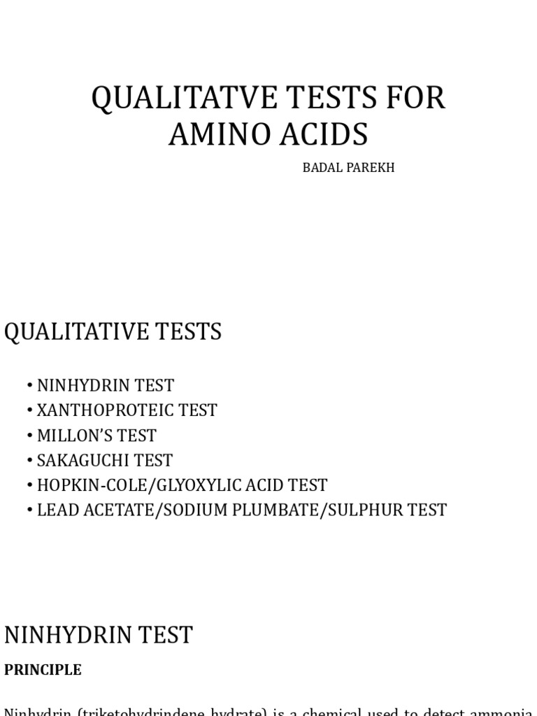 Qualitatve Tests For Amino Acids | PDF | Amine | Acid