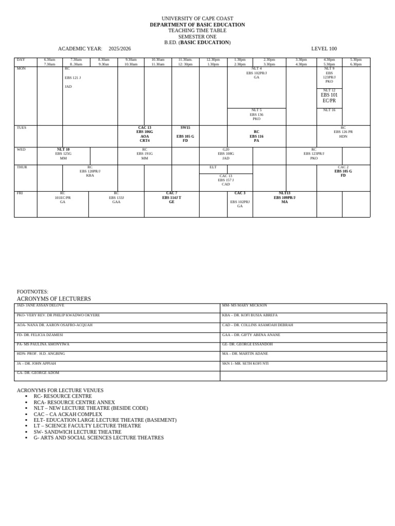 UCC Basic Education Timetable 2025/26 | PDF