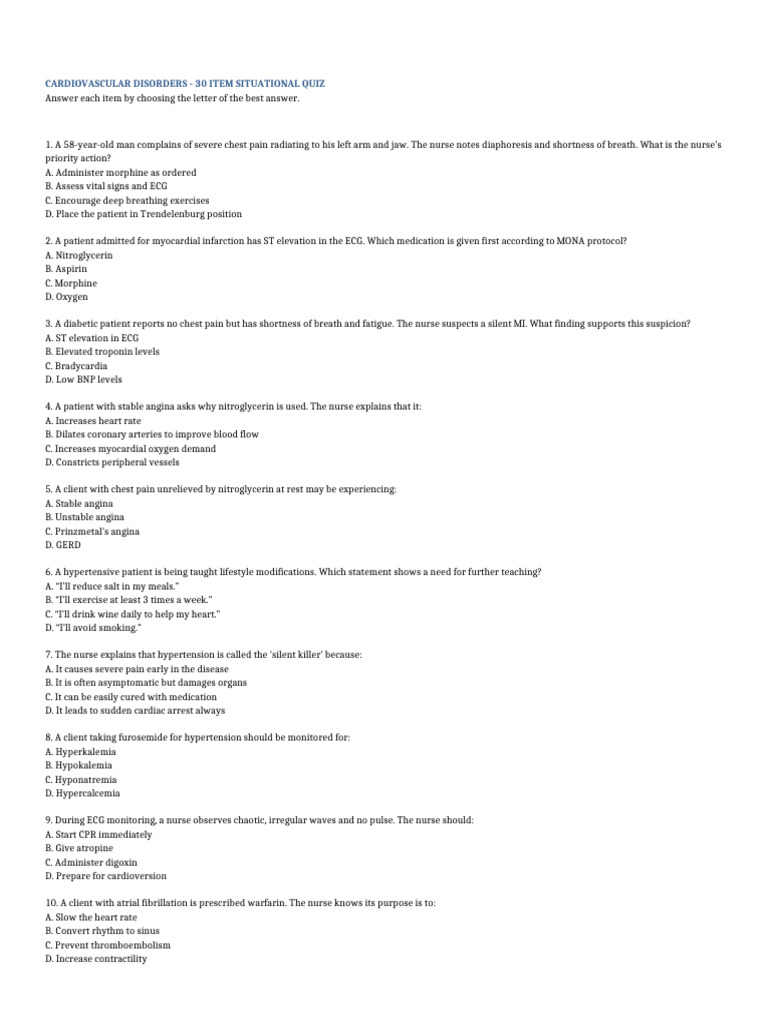 Cardiovascular Disorders Quiz: 30 Questions | PDF | Heart Failure | Heart
