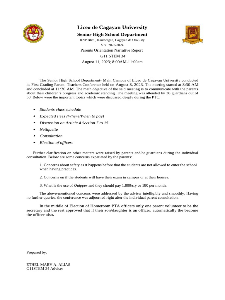 PTC Narrative Report G11 STEM 34 | PDF