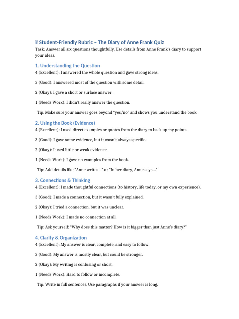 Diary of Anne Frank Quiz Rubric | PDF
