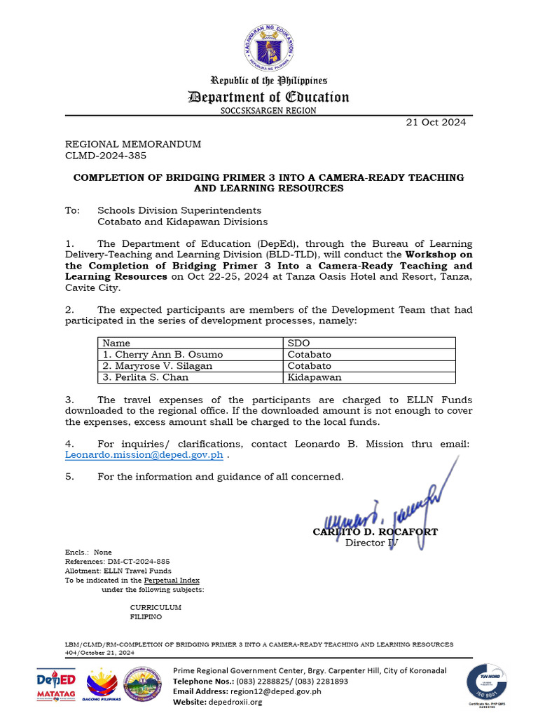 Regional Memorandum CLMD 2024 385 Completion of Bridging Primer 3 Into ...