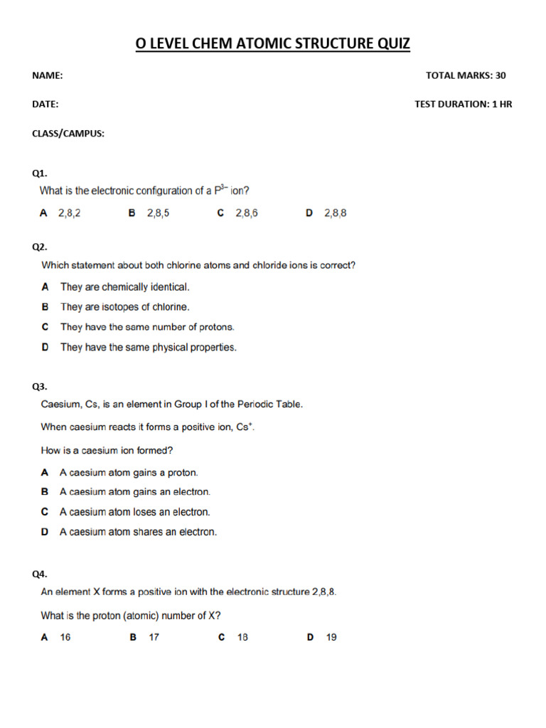 Atomic Structure (Test) | PDF