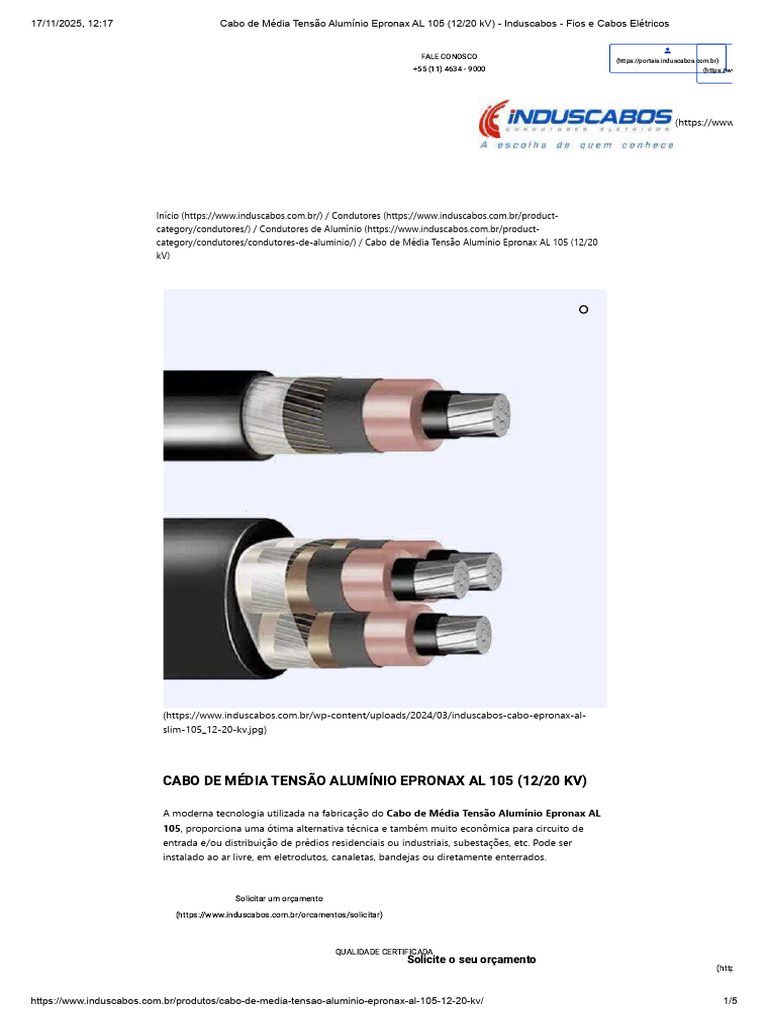 Cabo de Média Tensão Alumínio Epronax AL 105 (12_20 kV) - Induscabos - Fios e Cabos Elétricos ...