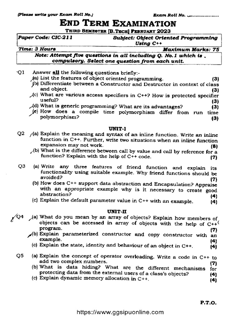 Btech Cic 3 Sem Object Oriented Programming Using CPP Feb 2023 | PDF
