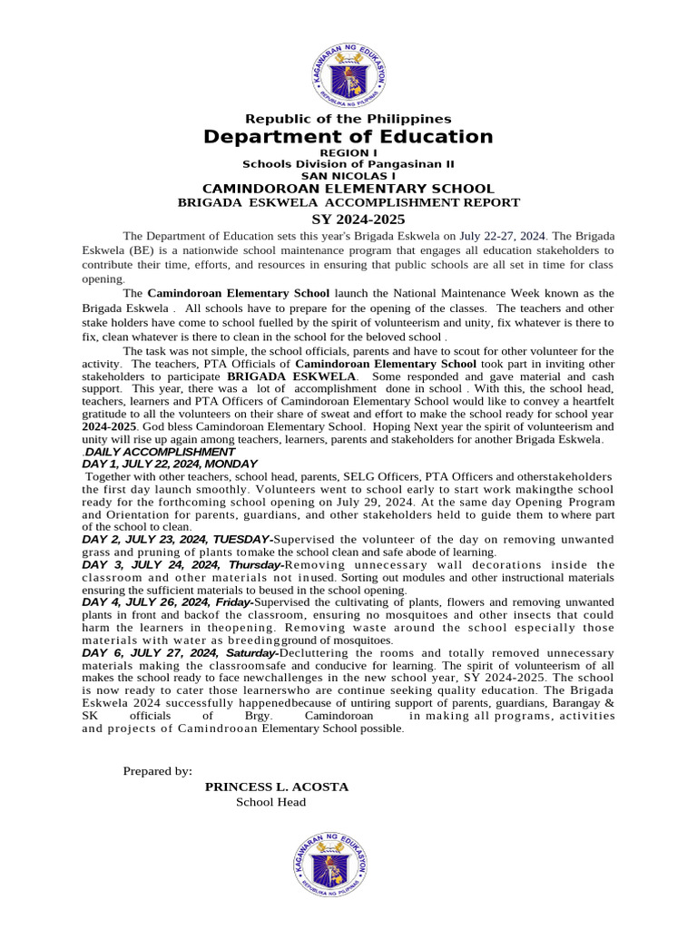 Brigada Eskwela 2024 Accomplishment Report | PDF | Learning