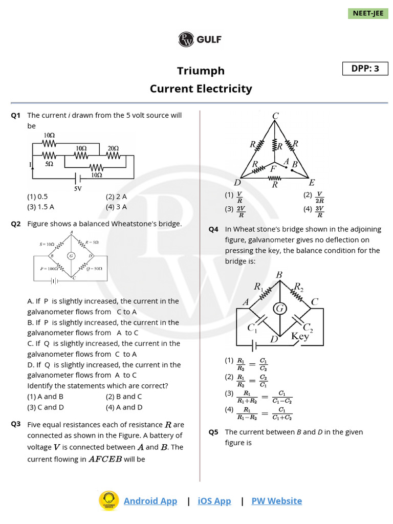 Current Electricity _ DPP 03 (of Lec 05) | PDF | Electrical Circuits | Physical Quantities