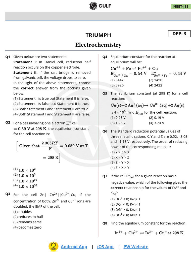 Electrochemistry _ DPP 03 (of Lec 06) | PDF | Electrochemistry | Physical Chemistry