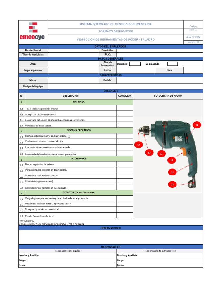 Inspeccion de Herramientas de Poder - Taladro | PDF | Equipo | Herramientas