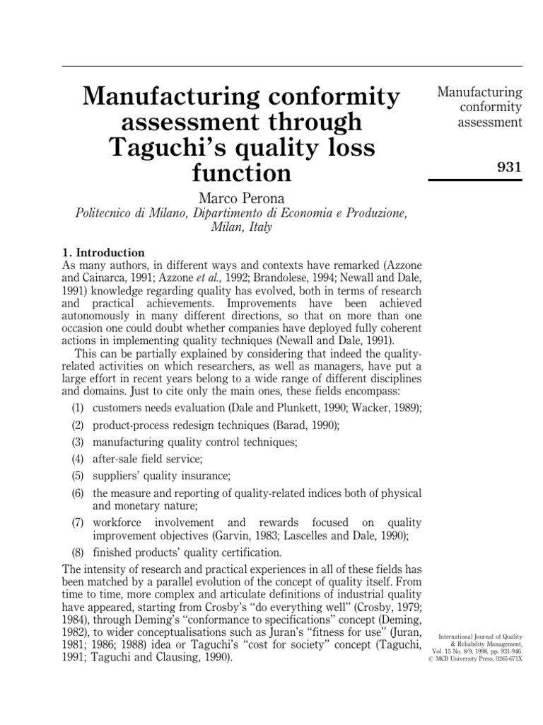 Manufacturing Conformity Assessment Through Taguchi QLF | PDF ...