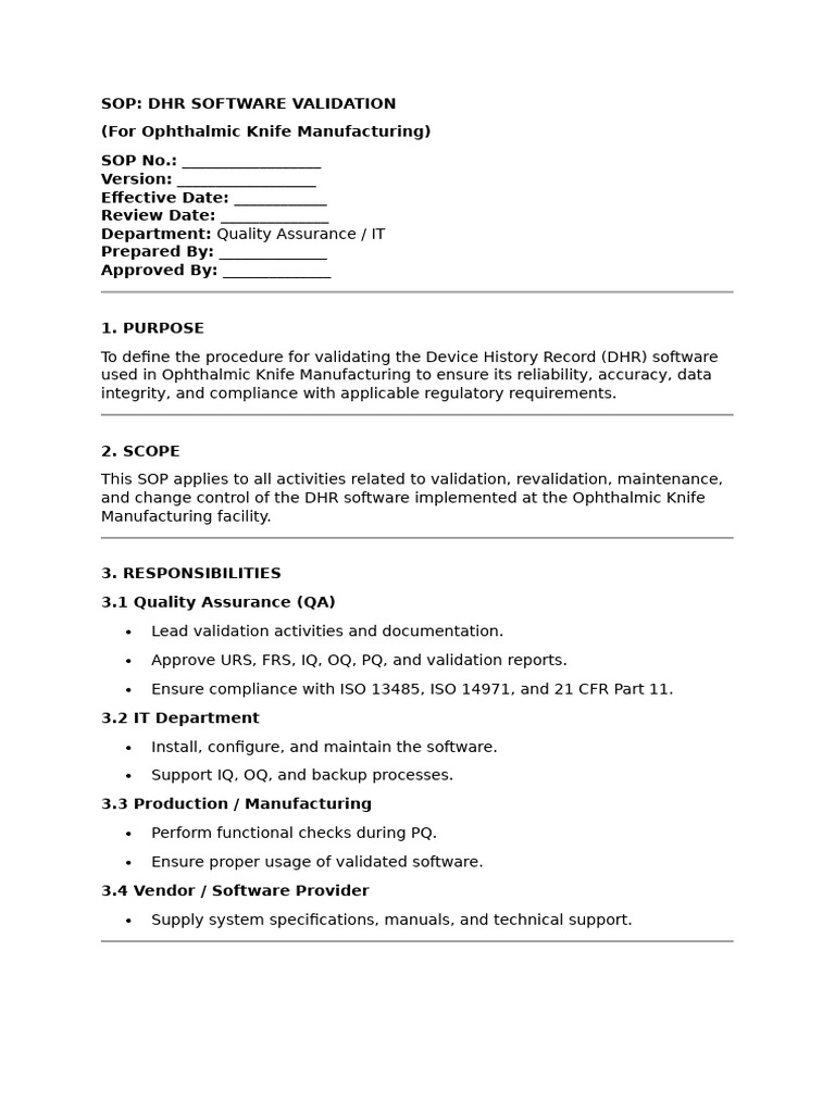 DHR Software Validation SOP for Ophthalmic Knives | PDF | Verification ...