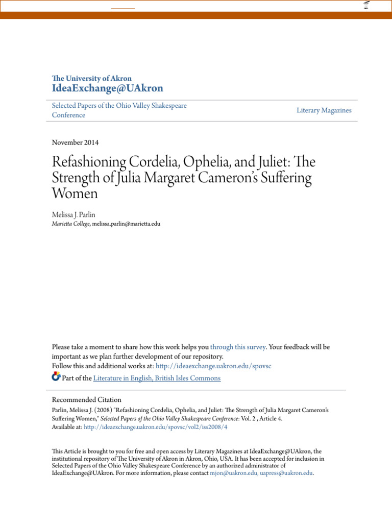 Refashioning Cordelia, Ophelia, and Juliet- The Strength of Julia Margaret Cameron ’s Suffering ...