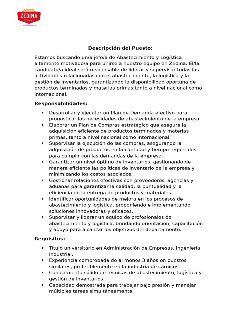 Jefe de Abastecimiento y Logística en Zedina | PDF