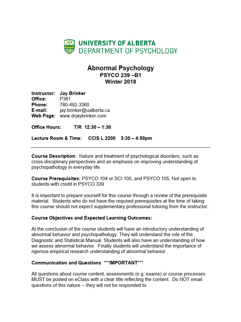 2018 Winter Psyco 239 Lecture b1 | PDF | Mental Disorder | Academic ...