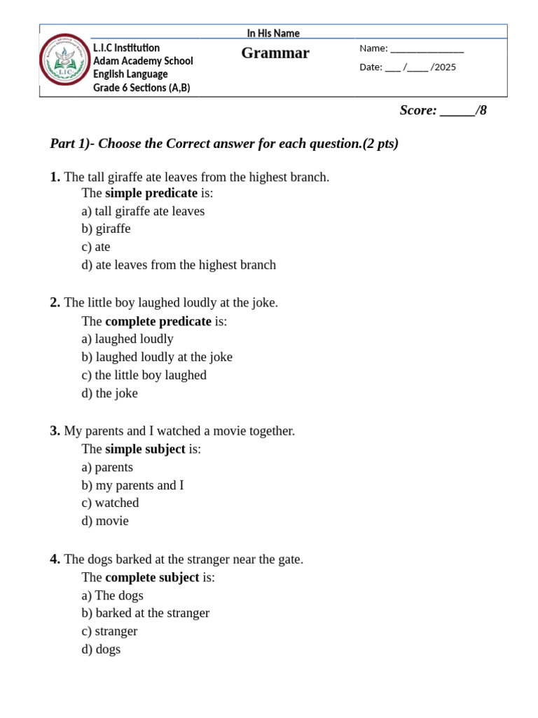 Fixed Grammar Quiz Grade 6 (1) | PDF