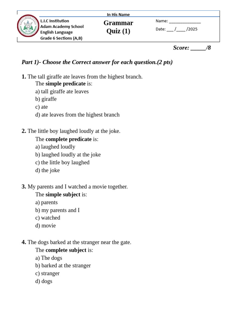 Fixed Grammar Quiz Grade 6 | PDF