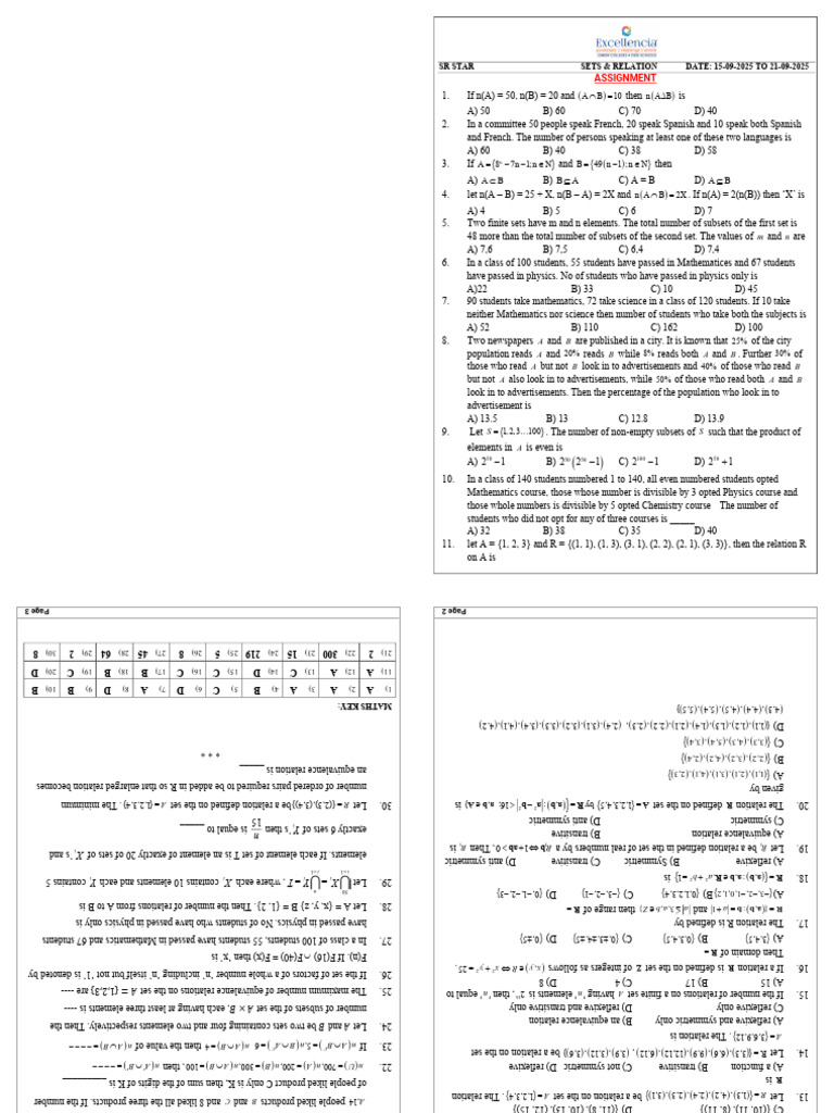 Sr Star_maths_sets & Relation_assignment_15!09!2025 to 21-09-2025 - Booklet | PDF | Set ...