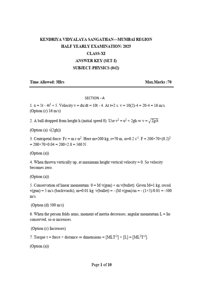 Physics Class XI HF Key | PDF | Rotation Around A Fixed Axis | Friction