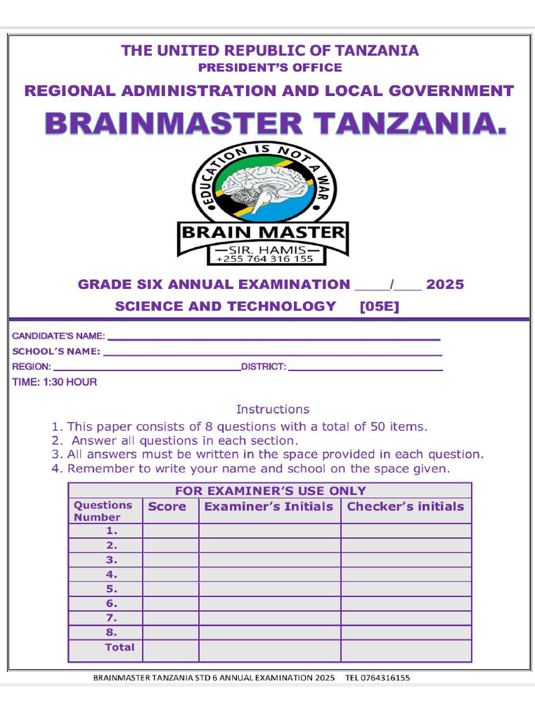 Brainmaster Tanzania Scie STD 6 Annual 2025 | PDF