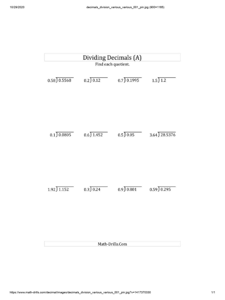 Decimal Division Practice Worksheet | PDF