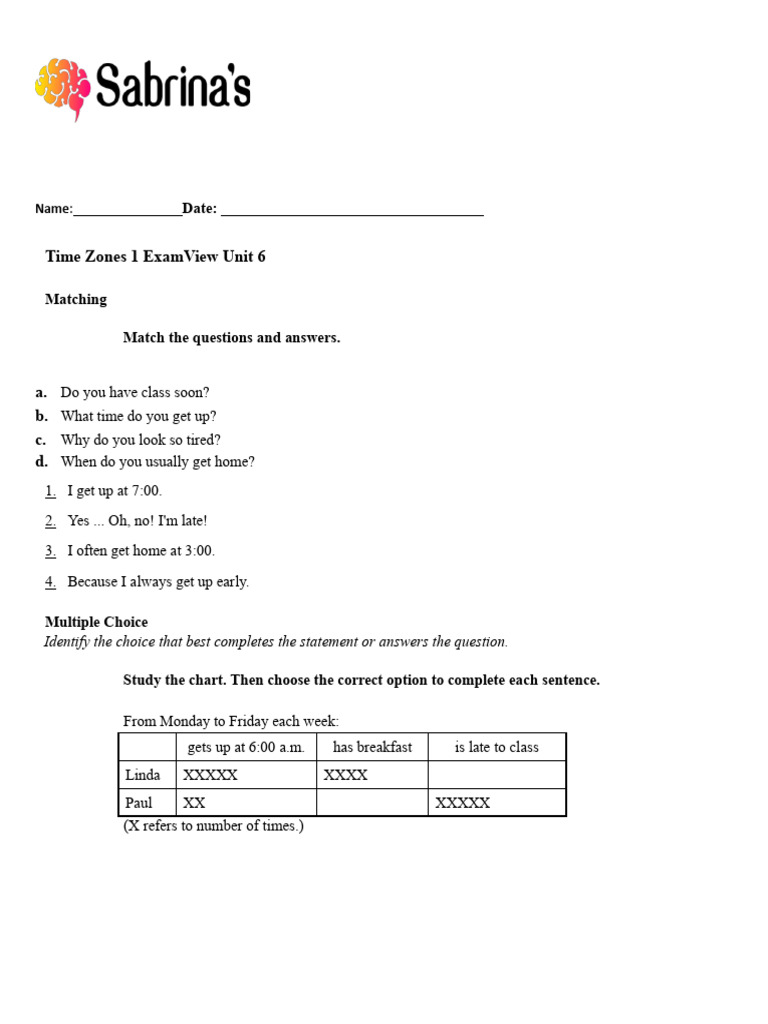 Time Zones Exam Review Worksheet | PDF