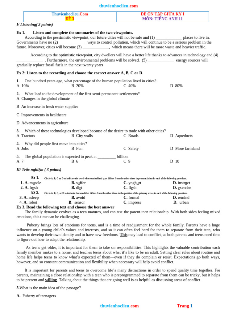 Thuvienhoclieu.com de on Tap Giua HK1 Tieng Anh 11 Global de 3 | PDF | Adolescence