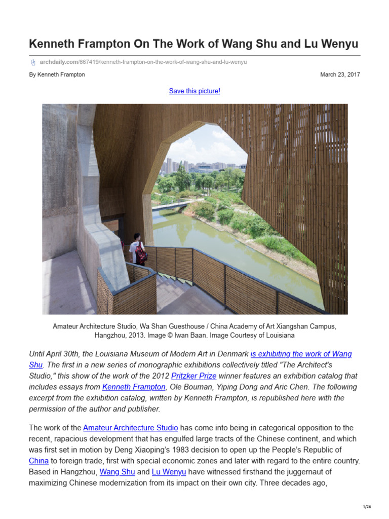 Kenneth Frampton On The Work of Wang Shu and Lu Wenyu | PDF