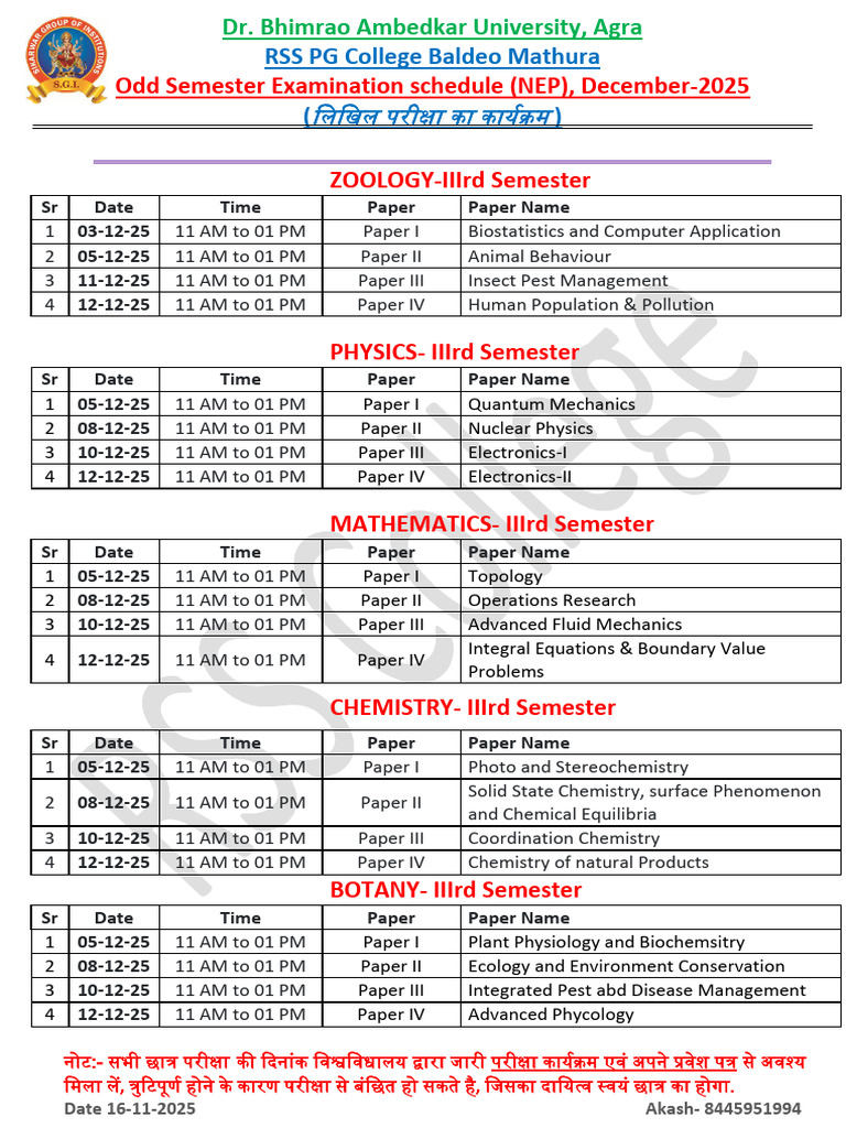 MA MSC-3rd Semester Date Sheet December-2025 | PDF | Physics | Physical ...