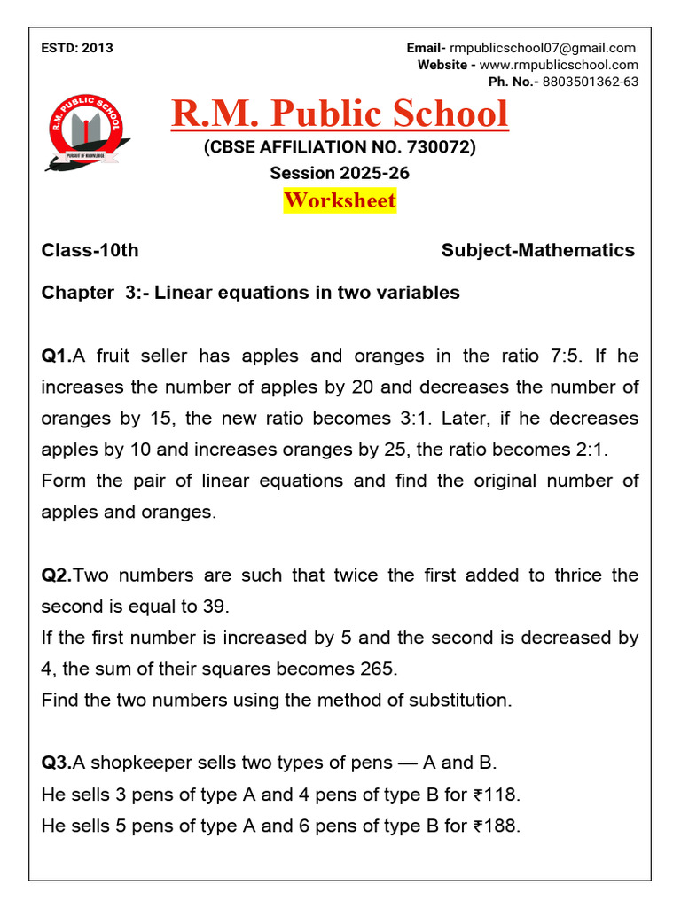 Class 10th Maths Worksheet | PDF