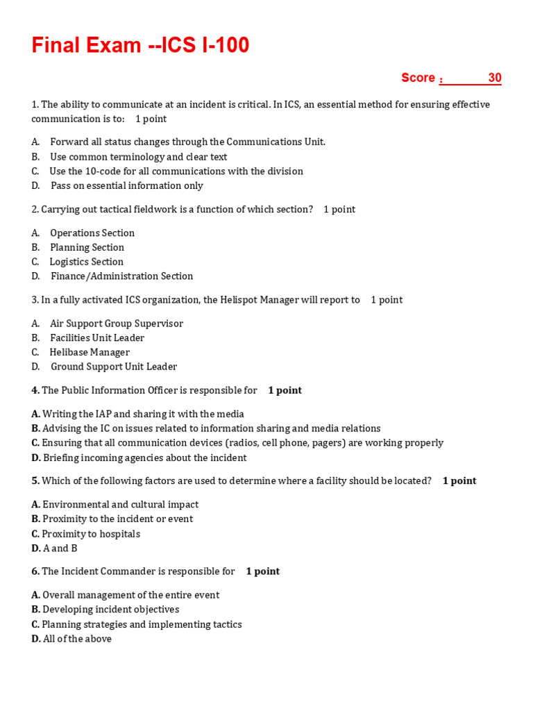 ICS I-100 Final Exam Overview | PDF | Incident Command System | Business